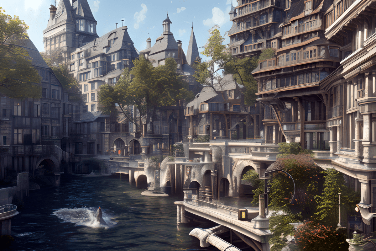 A town by the river - Stable Diffusion Art